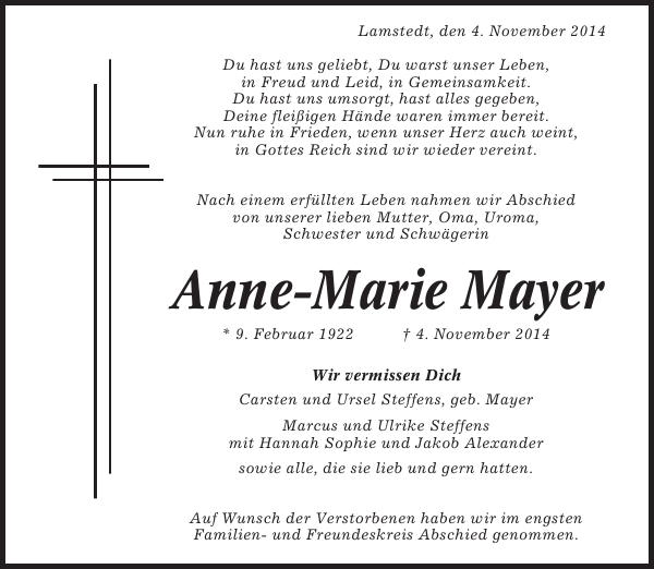 Anne-Marie Mayer : Traueranzeige : Cuxhavener Nachrichten