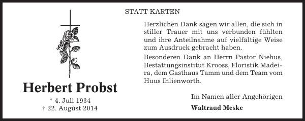 Herbert Probst: Gedenken : Cuxhavener Nachrichten