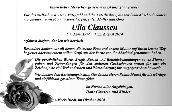 Ulla Claussen: Traueranzeige : Cuxhavener Nachrichten