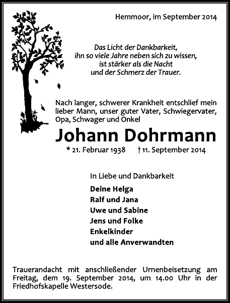Johann Dohrmann : Traueranzeige : Cuxhavener Nachrichten