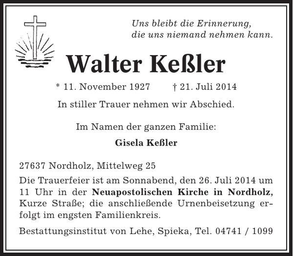 Walter Keßler: Traueranzeige : Cuxhavener Nachrichten