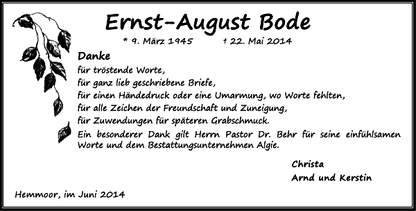 Ernst-August Bode: Danksagung : Cuxhavener Nachrichten