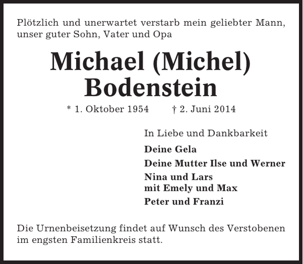 Michael (Michel) Bodenstein: Traueranzeige : Cuxhavener Nachrichten