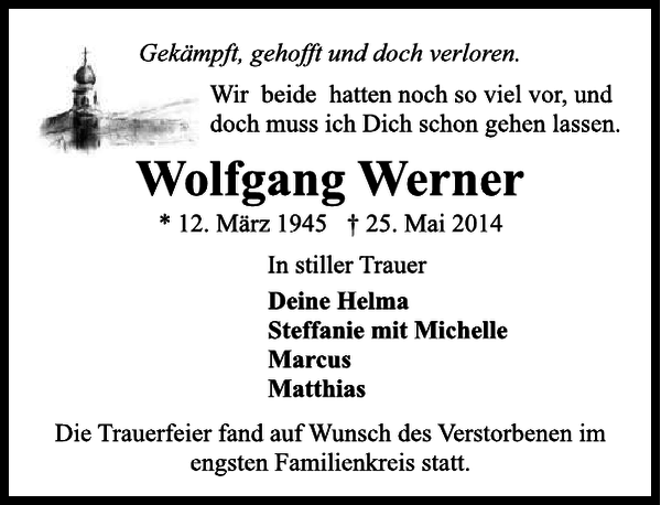 Wolfgang Werner: Traueranzeige : Cuxhavener Nachrichten