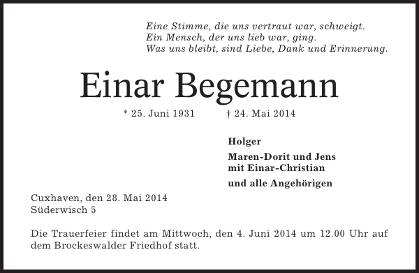 Einar Begemann: Traueranzeige : Cuxhavener Nachrichten