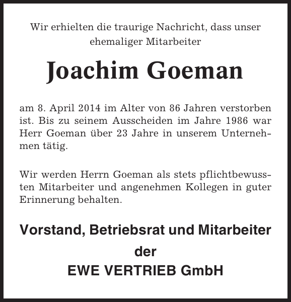 Joachim Goeman: Gedenken : Cuxhavener Nachrichten