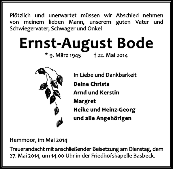 Ernst-August Bode : Traueranzeige : Cuxhavener Nachrichten