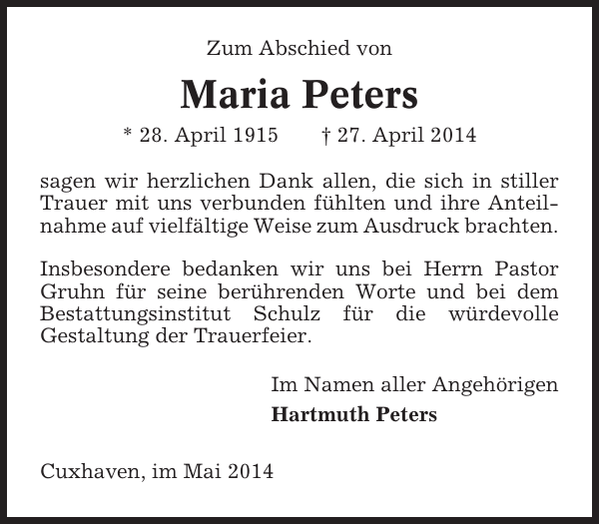 Maria Peters: Danksagung : Cuxhavener Nachrichten