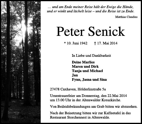 Peter Senick : Traueranzeige : Cuxhavener Nachrichten