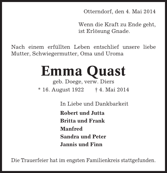 Emma Quast: Traueranzeige : Cuxhavener Nachrichten