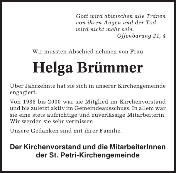 Helga Brümmer: Gedenken : Cuxhavener Nachrichten