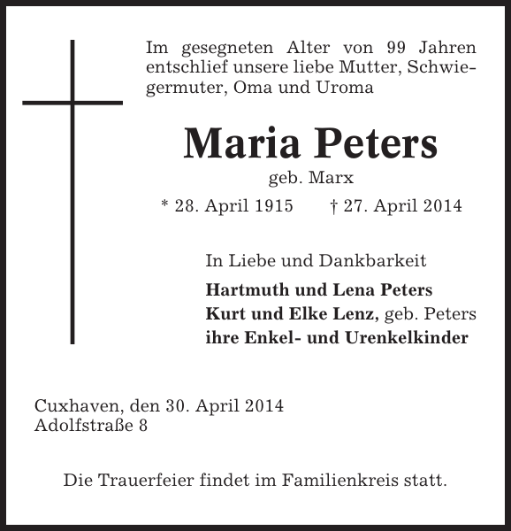 Maria Peters: Traueranzeige : Cuxhavener Nachrichten