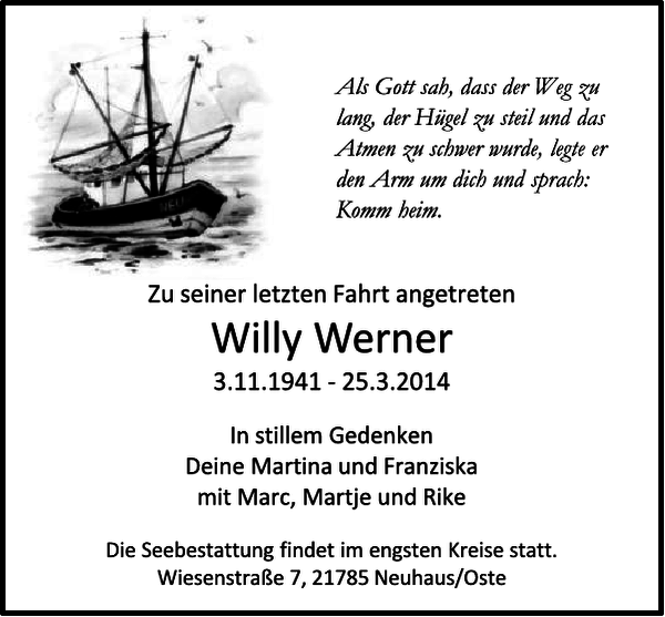 Willy Werner: Traueranzeige : Cuxhavener Nachrichten