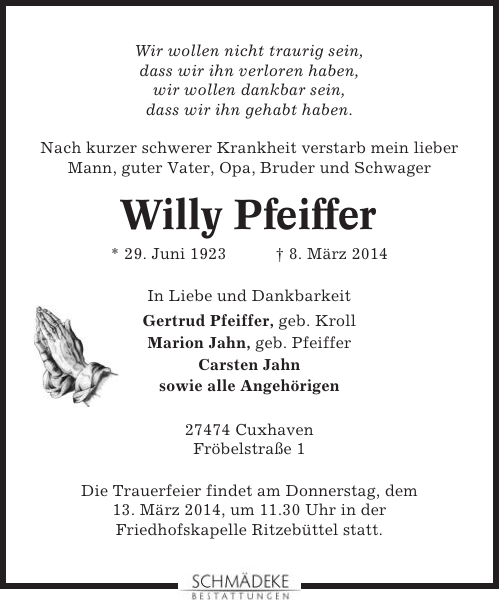 Willy Pfeiffer : Traueranzeige : Cuxhavener Nachrichten