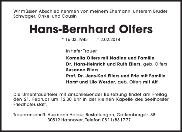 Hans-Bernhard Olfers: Traueranzeige : Cuxhavener Nachrichten