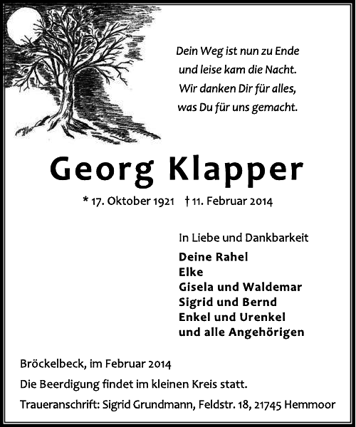 Georg Klapper: Traueranzeige : Cuxhavener Nachrichten