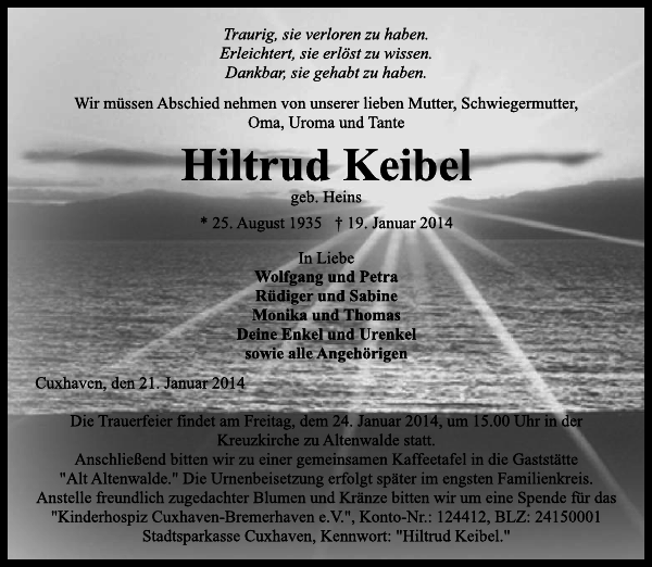Hiltrud Keibel : Traueranzeige : Cuxhavener Nachrichten