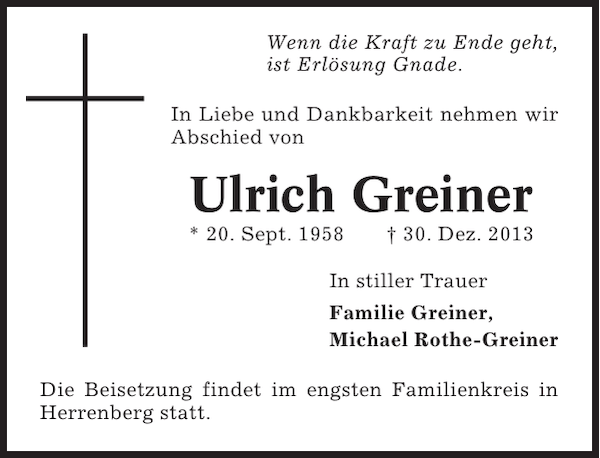 Ulrich Greiner: Traueranzeige : Cuxhavener Nachrichten