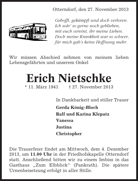 Erich Nietschke : Décès : Cuxhavener Nachrichten