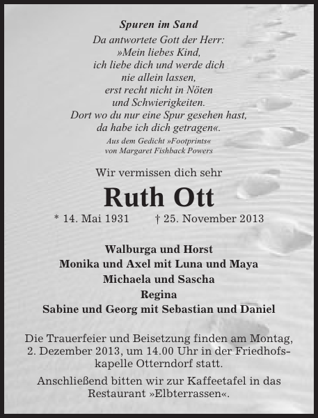 Ruth Ott : Traueranzeige : Cuxhavener Nachrichten