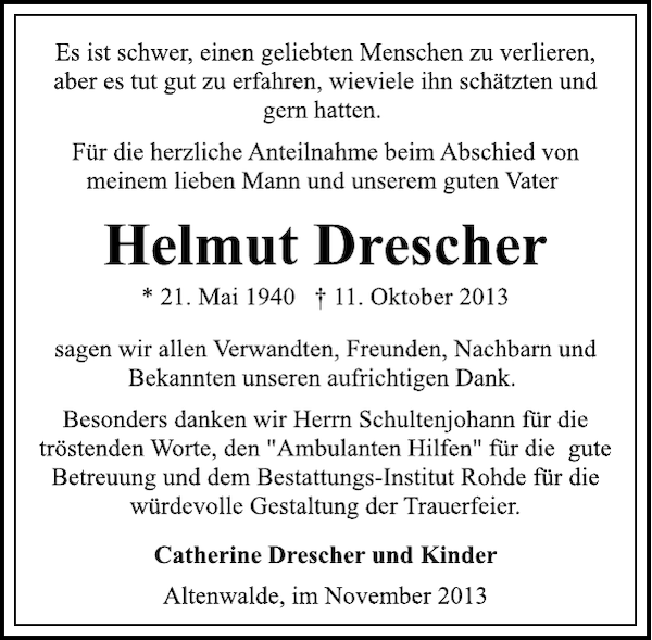 Helmut Drescher: Danksagung : Cuxhavener Nachrichten