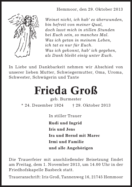 Frieda Groß : Traueranzeige : Cuxhavener Nachrichten