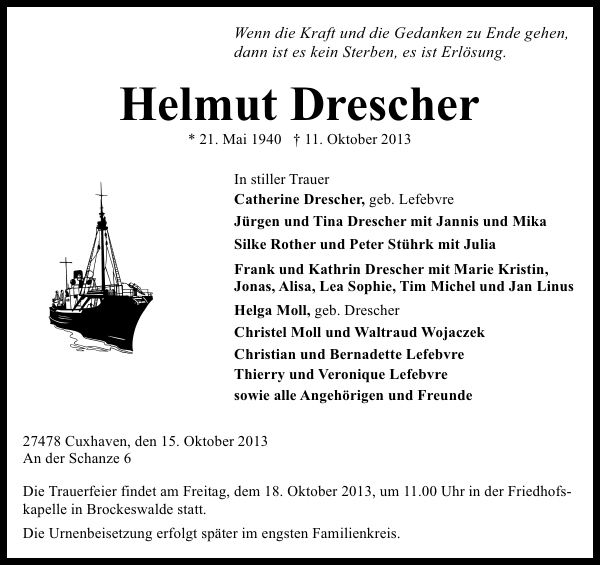 Helmut Drescher: Traueranzeige : Cuxhavener Nachrichten
