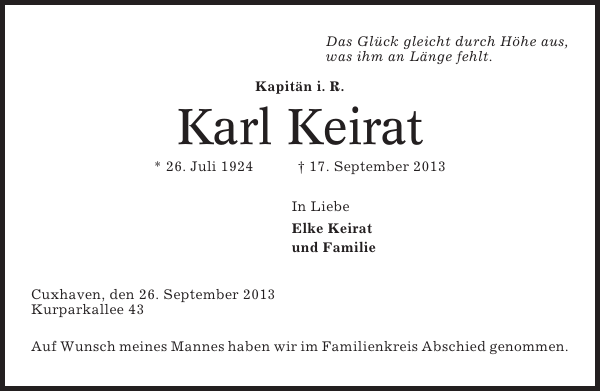 Karl Keirat : Traueranzeige : Cuxhavener Nachrichten