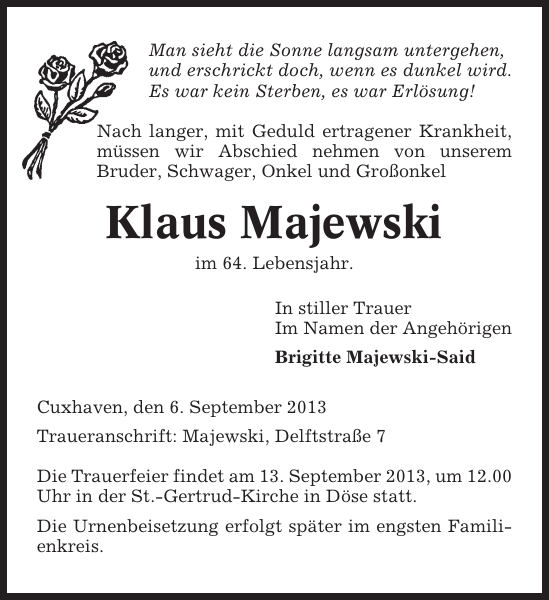 Klaus Majewski : Traueranzeige : Cuxhavener Nachrichten