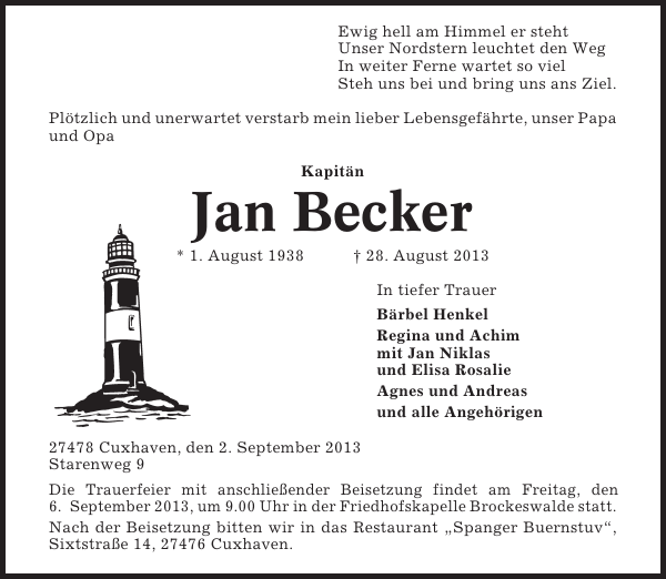Jan Becker: Traueranzeige : Cuxhavener Nachrichten