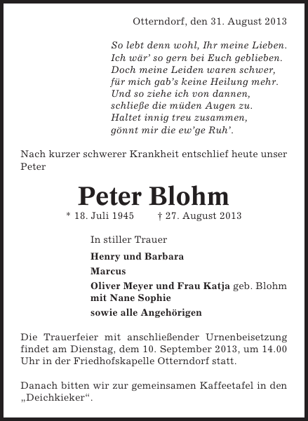 Peter Blohm: Traueranzeige : Cuxhavener Nachrichten