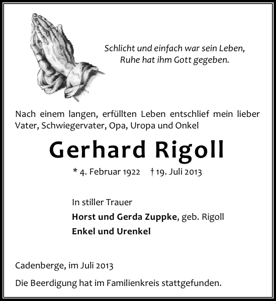 Gerhard Rigoll: Traueranzeige : Cuxhavener Nachrichten