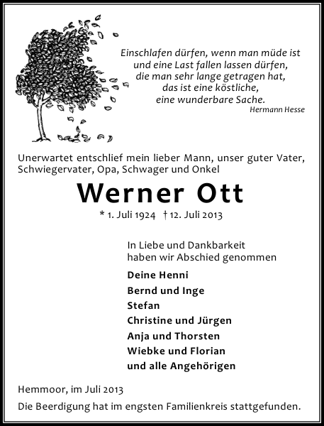 Werner Ott: Traueranzeige : Cuxhavener Nachrichten