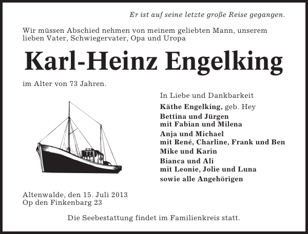 Karl-Heinz Engelking: Traueranzeige : Cuxhavener Nachrichten