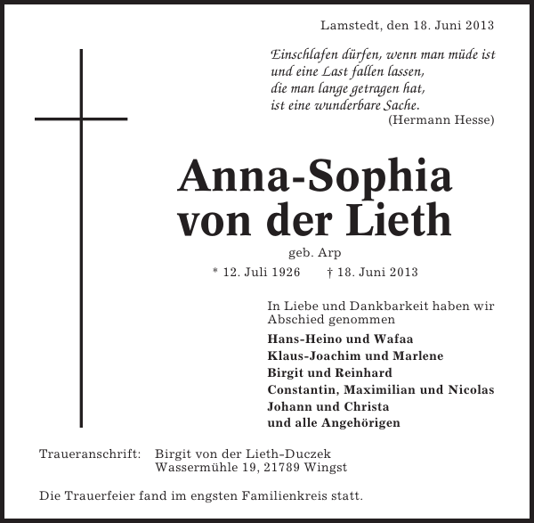 Anna-Sophia von der Lieth: Traueranzeige : Cuxhavener Nachrichten
