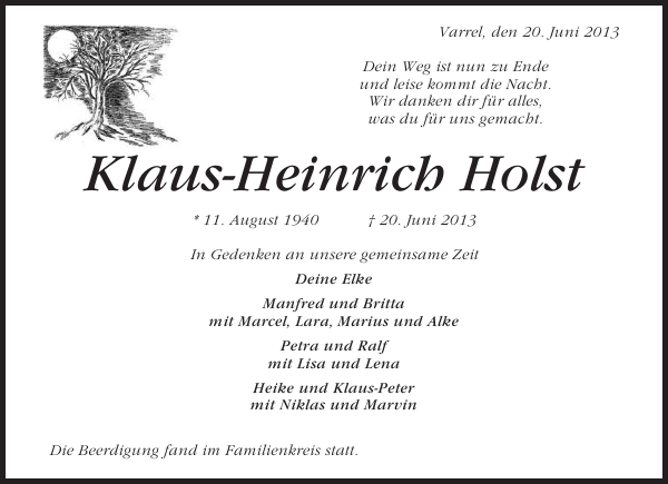 Klaus-Heinrich Holst: Traueranzeige : Cuxhavener Nachrichten