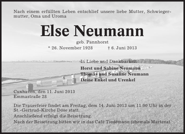 Else Neumann: Traueranzeige : Cuxhavener Nachrichten