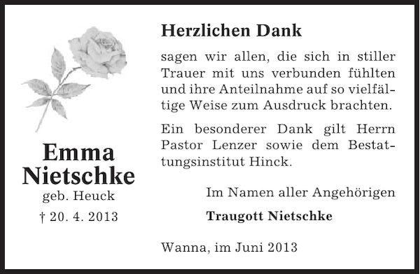 Emma Nietschke: Danksagung : Cuxhavener Nachrichten