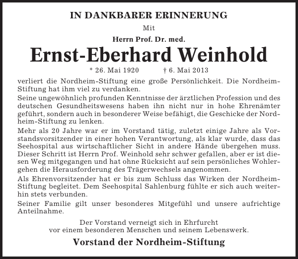 Prof. Dr. med.Ernst-Eberhard Weinhold: Gedenken : Cuxhavener Nachrichten