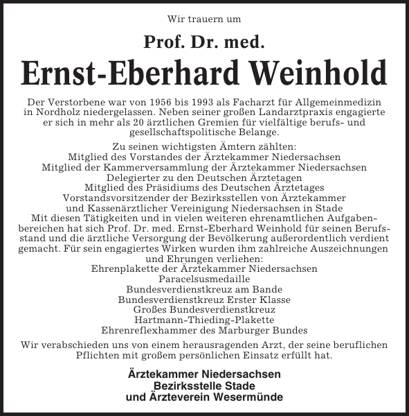 Prof. Dr. med. Ernst-Eberhard Weinhold: Gedenken : Cuxhavener Nachrichten