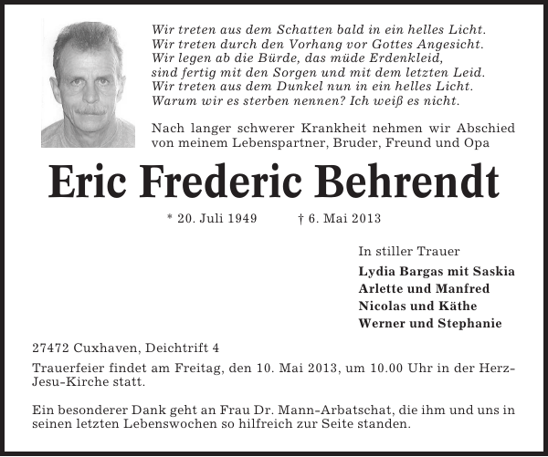Eric Frederic Behrendt: Traueranzeige : Cuxhavener Nachrichten