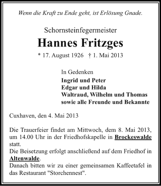 Johannes Fritzges: Traueranzeige : Cuxhavener Nachrichten