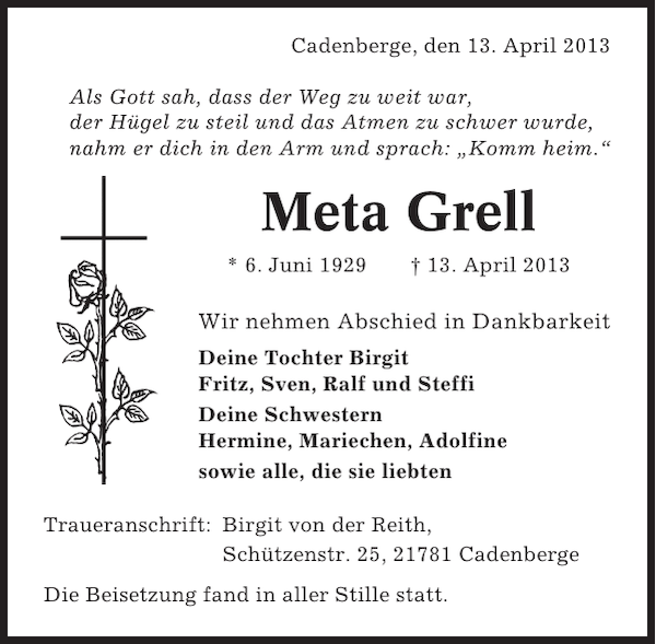 Meta Grell: Death : Cuxhavener Nachrichten