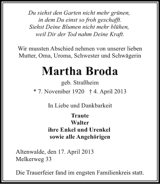 Martha Broda : Traueranzeige : Cuxhavener Nachrichten