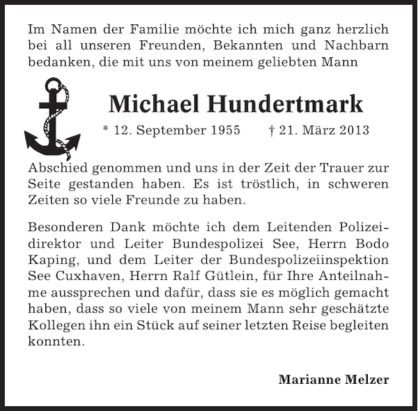 Michael Hundertmark: Danksagung : Cuxhavener Nachrichten