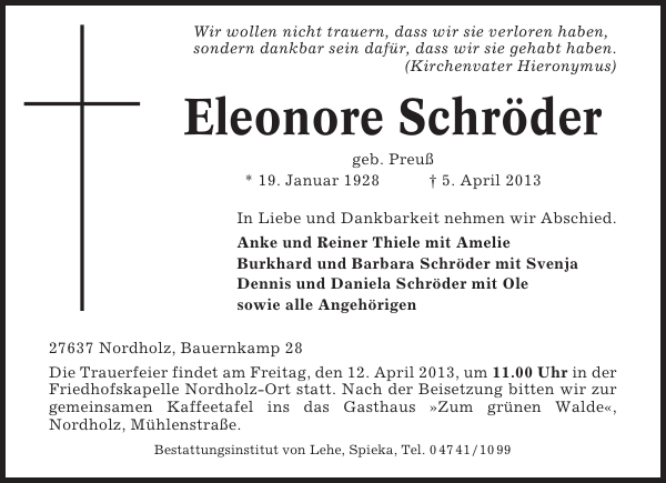 Eleonore Schröder: Traueranzeige : Cuxhavener Nachrichten