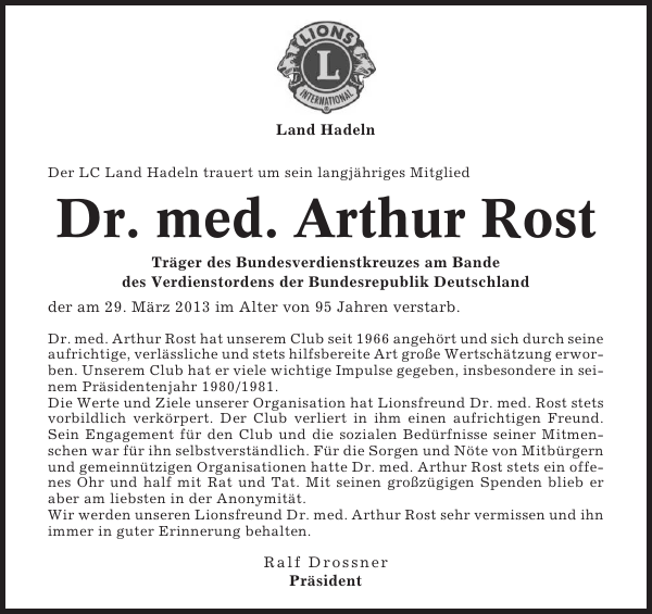 Dr. med. Arthur Rost : Gedenken : Cuxhavener Nachrichten