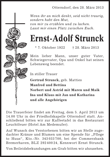 Ernst-Adolf Strunck: Traueranzeige : Cuxhavener Nachrichten