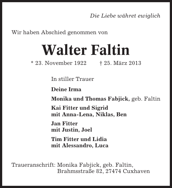 Walter Faltin: Traueranzeige : Cuxhavener Nachrichten