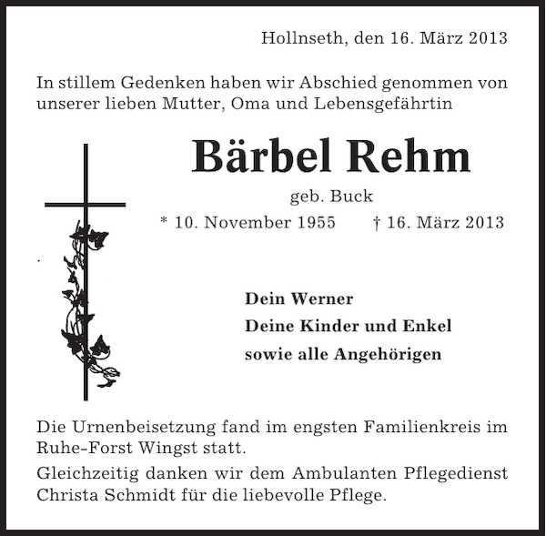 Bärbel Rehm: Traueranzeige : Cuxhavener Nachrichten